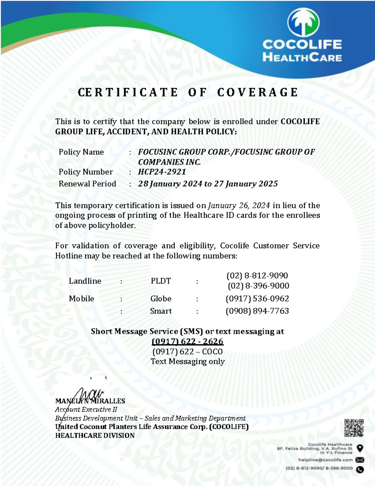 Cocolife Certificate of Coverage for FGC+ Policy HCP24-2921 - Studocu