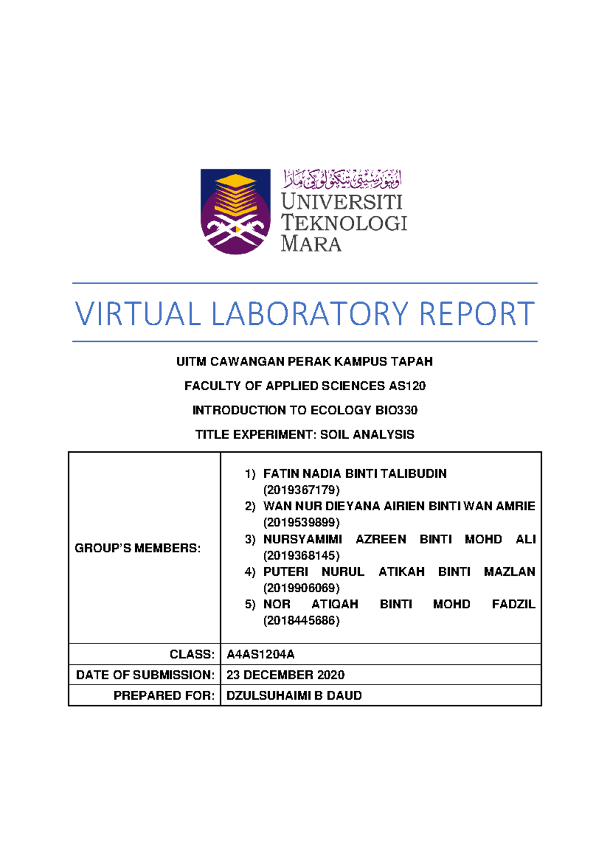 Virtual Laboratory Report BIO330 SOIL Analysis A4AS1204A - VIRTUAL ...