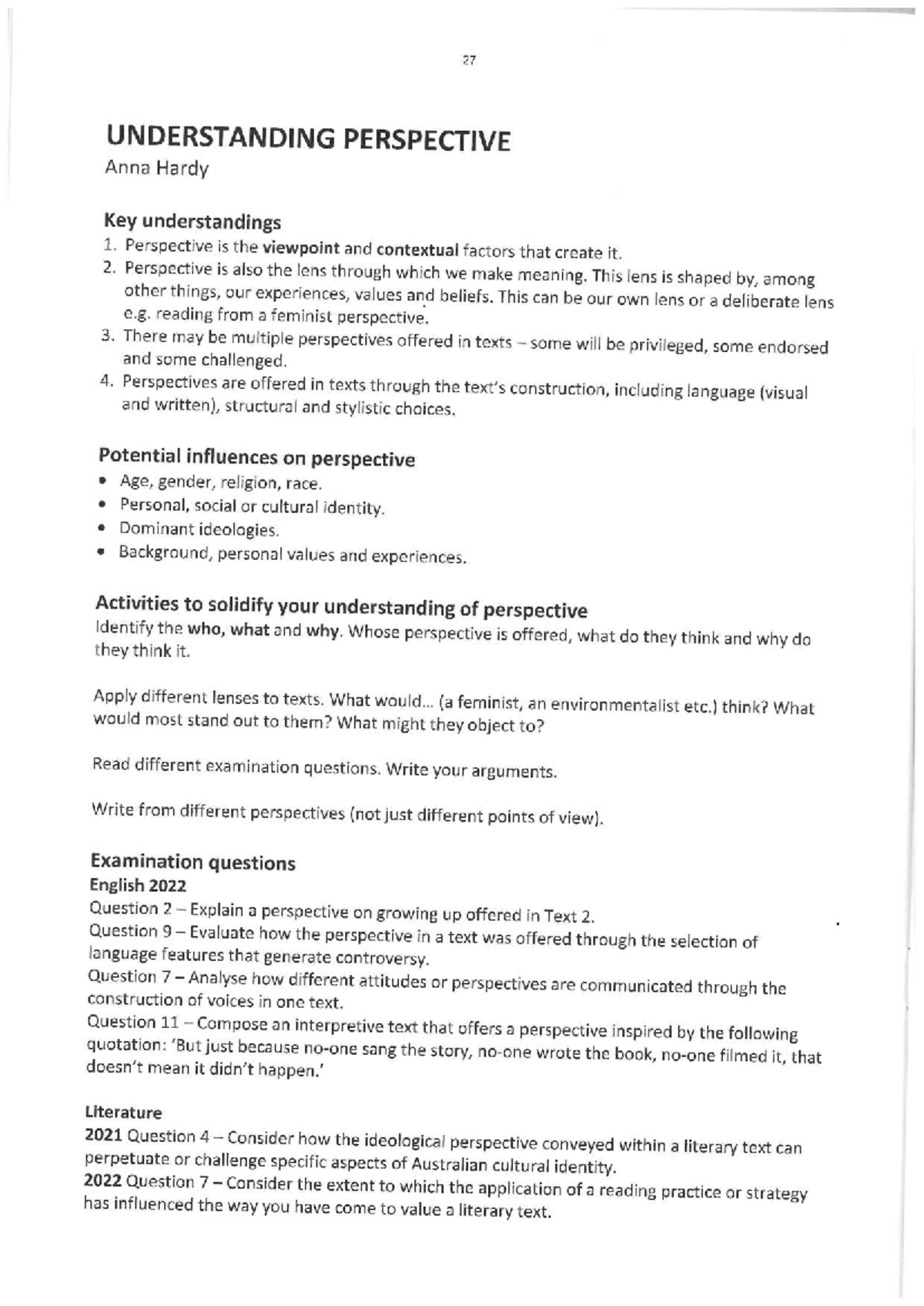 Understanding perspective: Key concepts and examination questions - Studocu