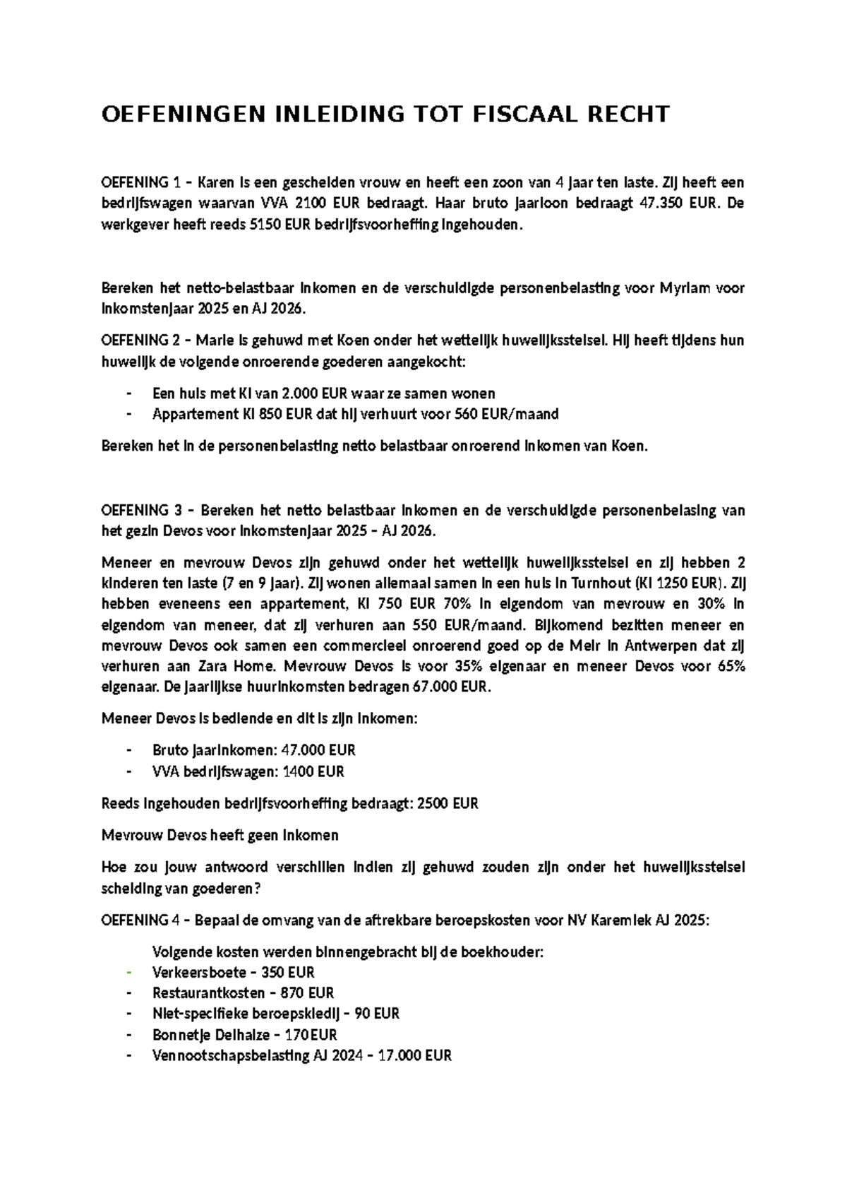 OEFENINGEN FISCAAL RECHT 2025-2026: Extra Oefeningen en Berekeningen ...