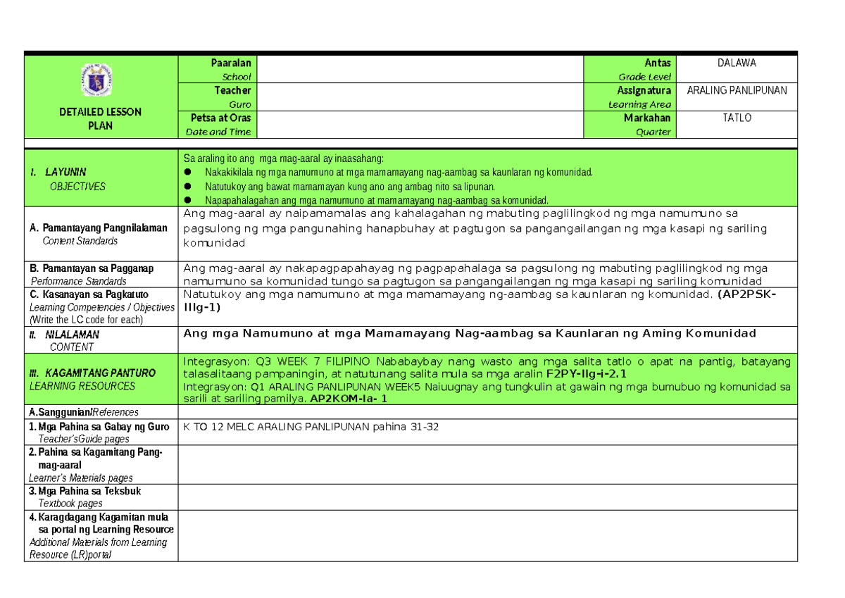 COT AP - Detailed Lesson Plan on Community Leaders and Contributions ...