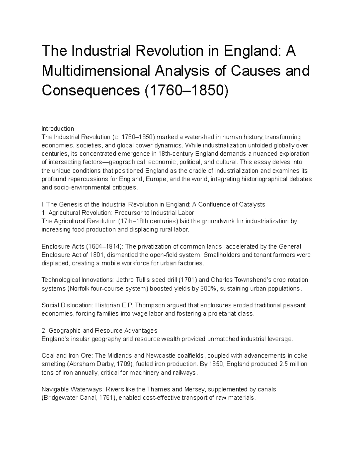 Industrial Revolution in England: Causes and Consequences (HIST 301 ...