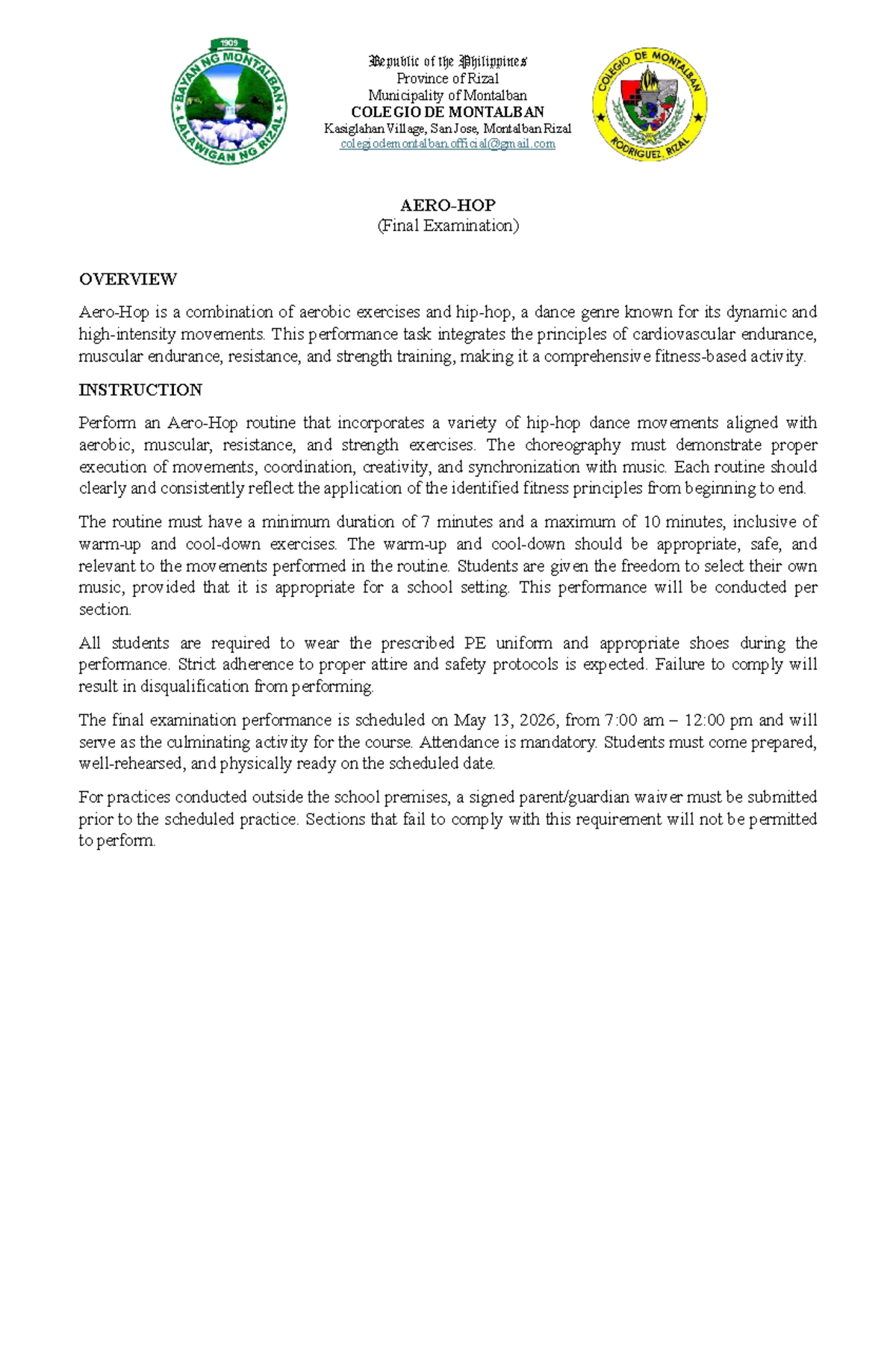Final Exam Performance Task: PE 2 Aerobic Dance Routine - Studocu