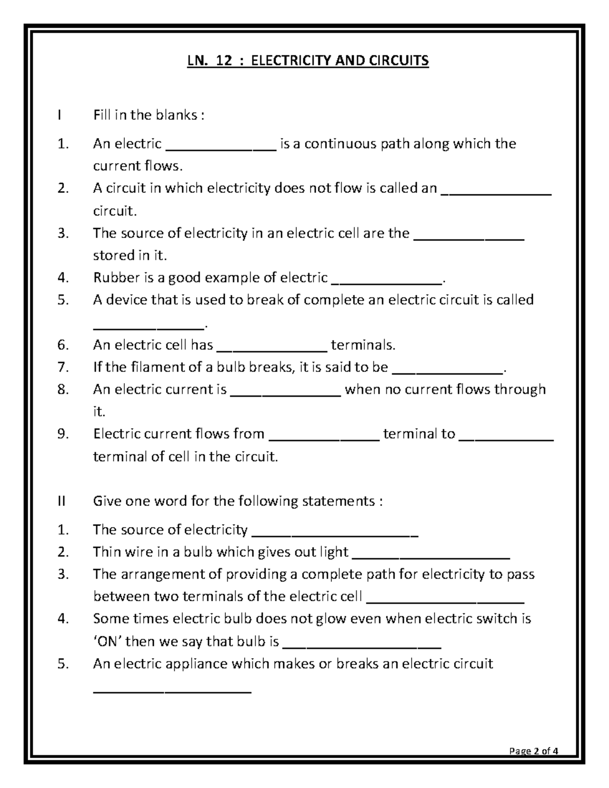 LN. 12: CBSE Class 6 Science - Electricity and Circuits Fill in the ...