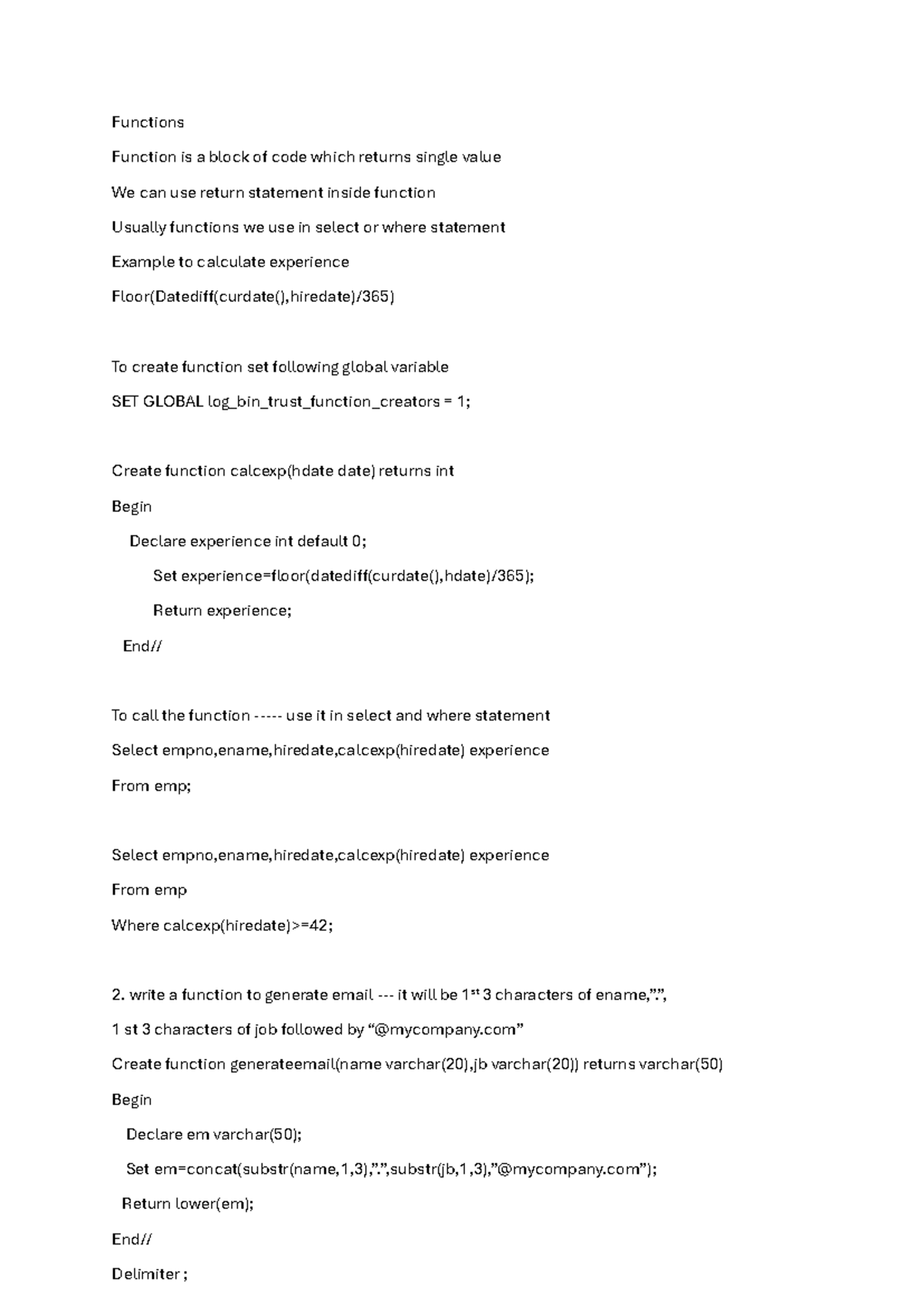 SQL Function Notes: Creating and Using Functions in MySQL - Studocu