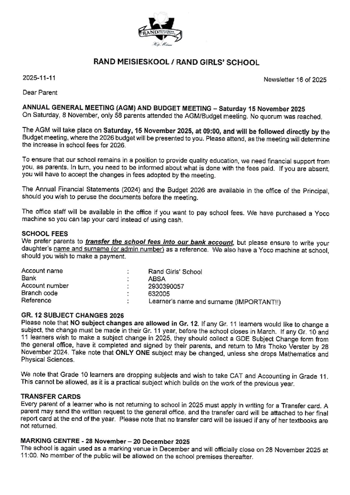 Rand School Newsletter 16: AGM, Budget Meeting & Gr. 12 Updates - Studocu