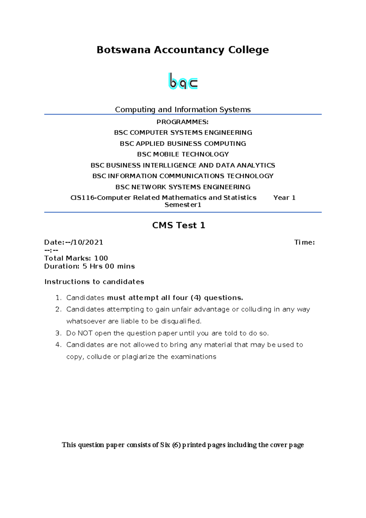 CMS 2021 Test 1: Mathematics & Statistics for Computing Programs - Studocu