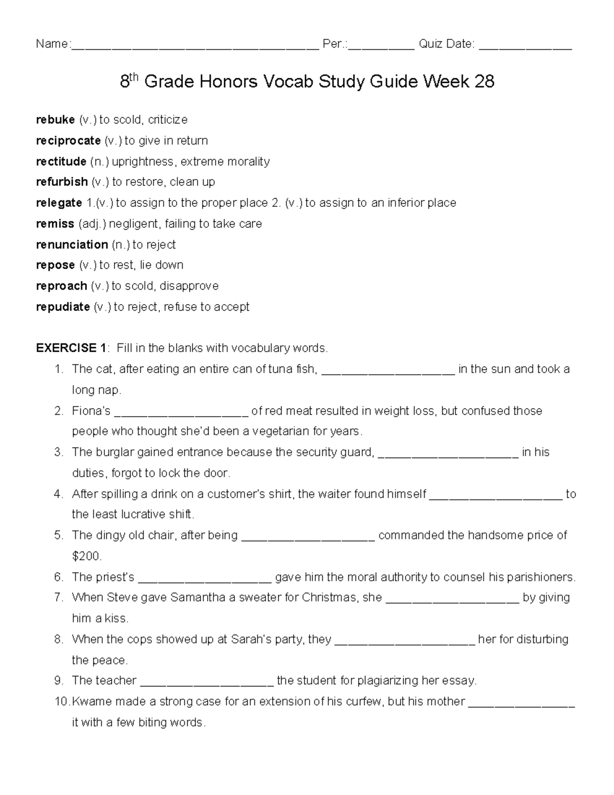 8th Grade Honors Quiz: Vocabulary Study Guide Week 28 - Studocu