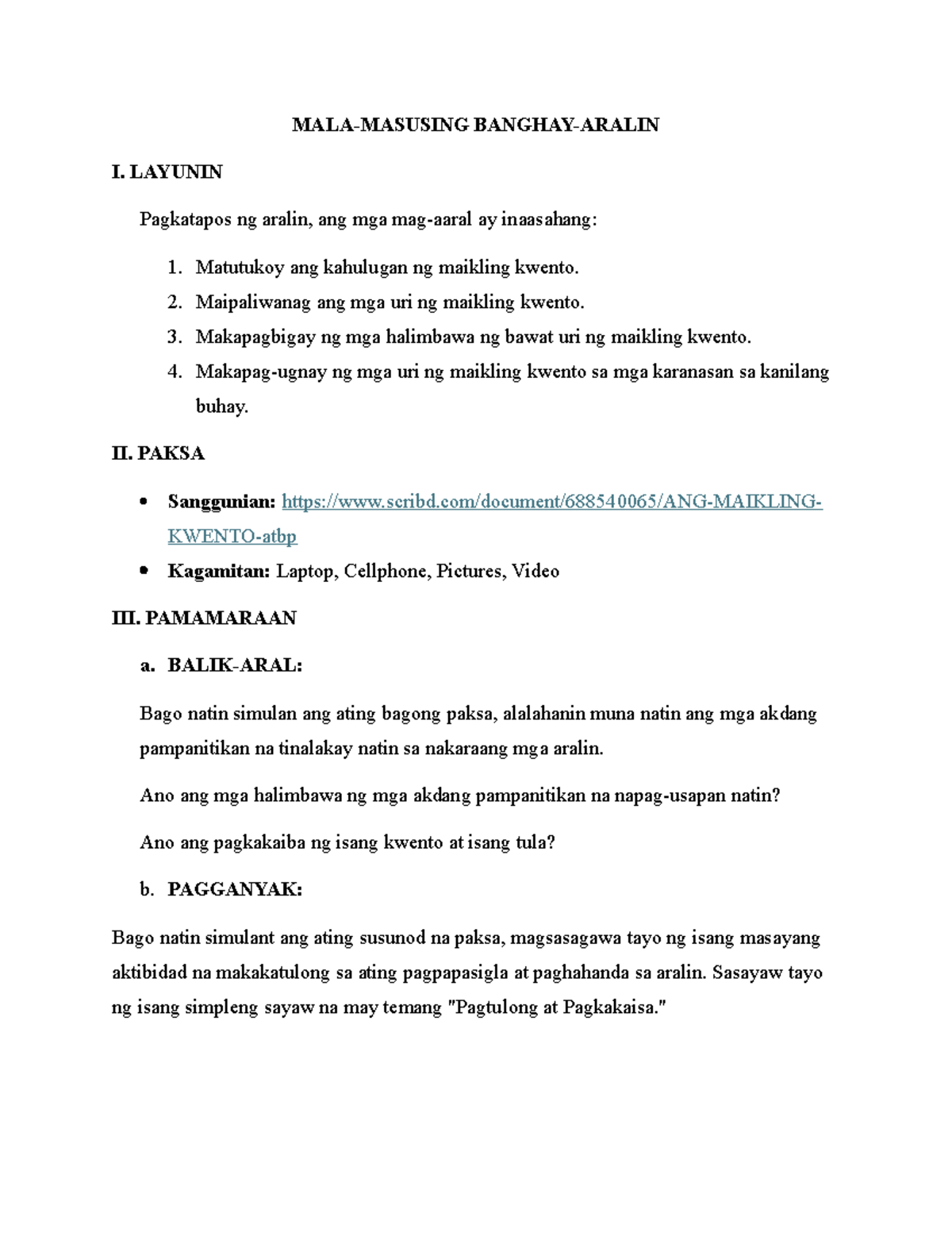 MALA - Masusing Banghay-Aralin sa Pagkilala sa Maikling Kwento - Studocu