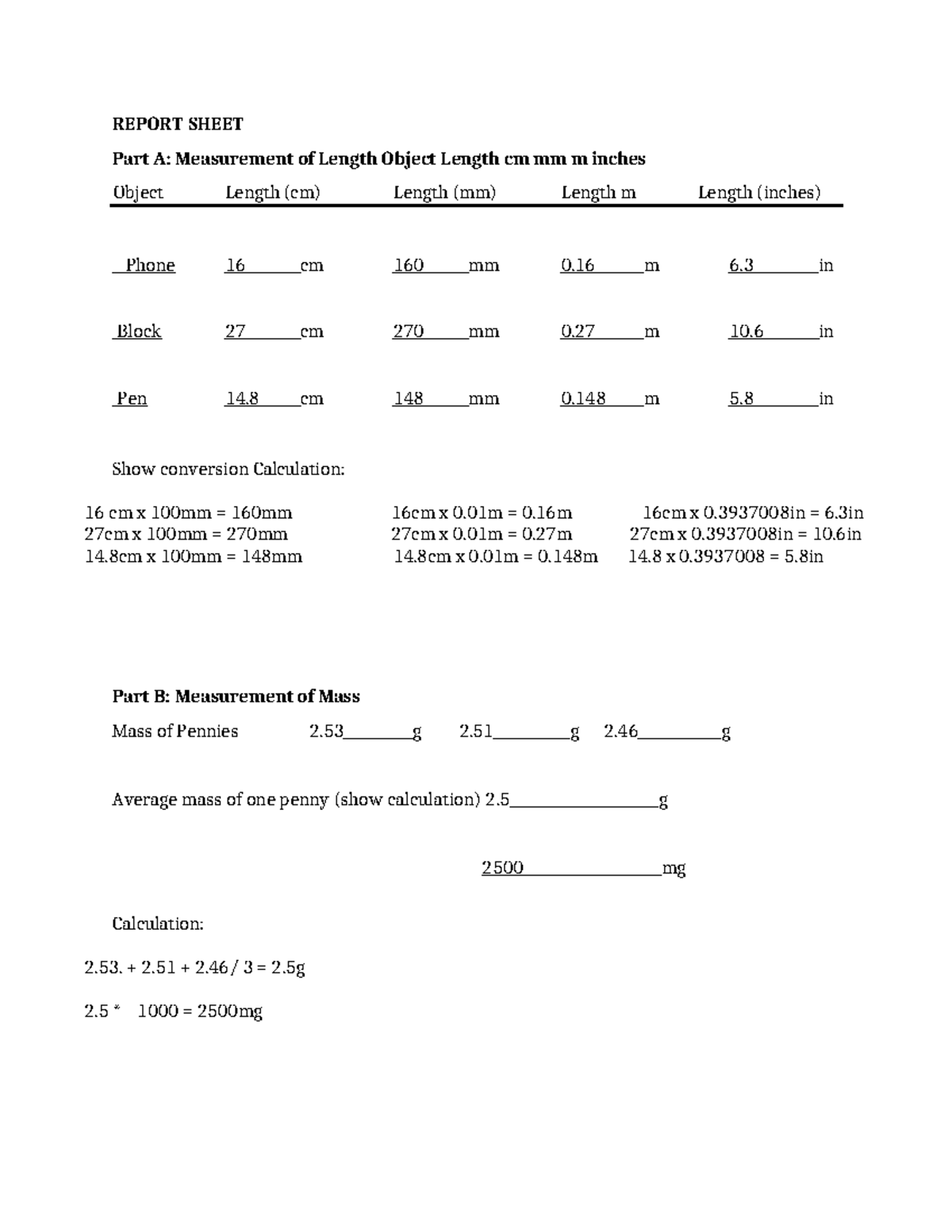 Lab Report Form 1: Measurement of Length, Mass, Volume & Density - Studocu