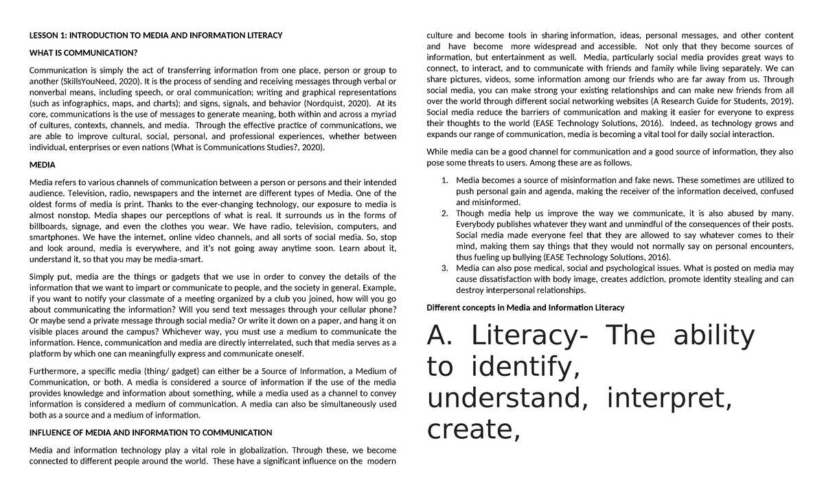 Lesson 1: Intro to Media and Information Literacy (1-2 Sessions) - Studocu
