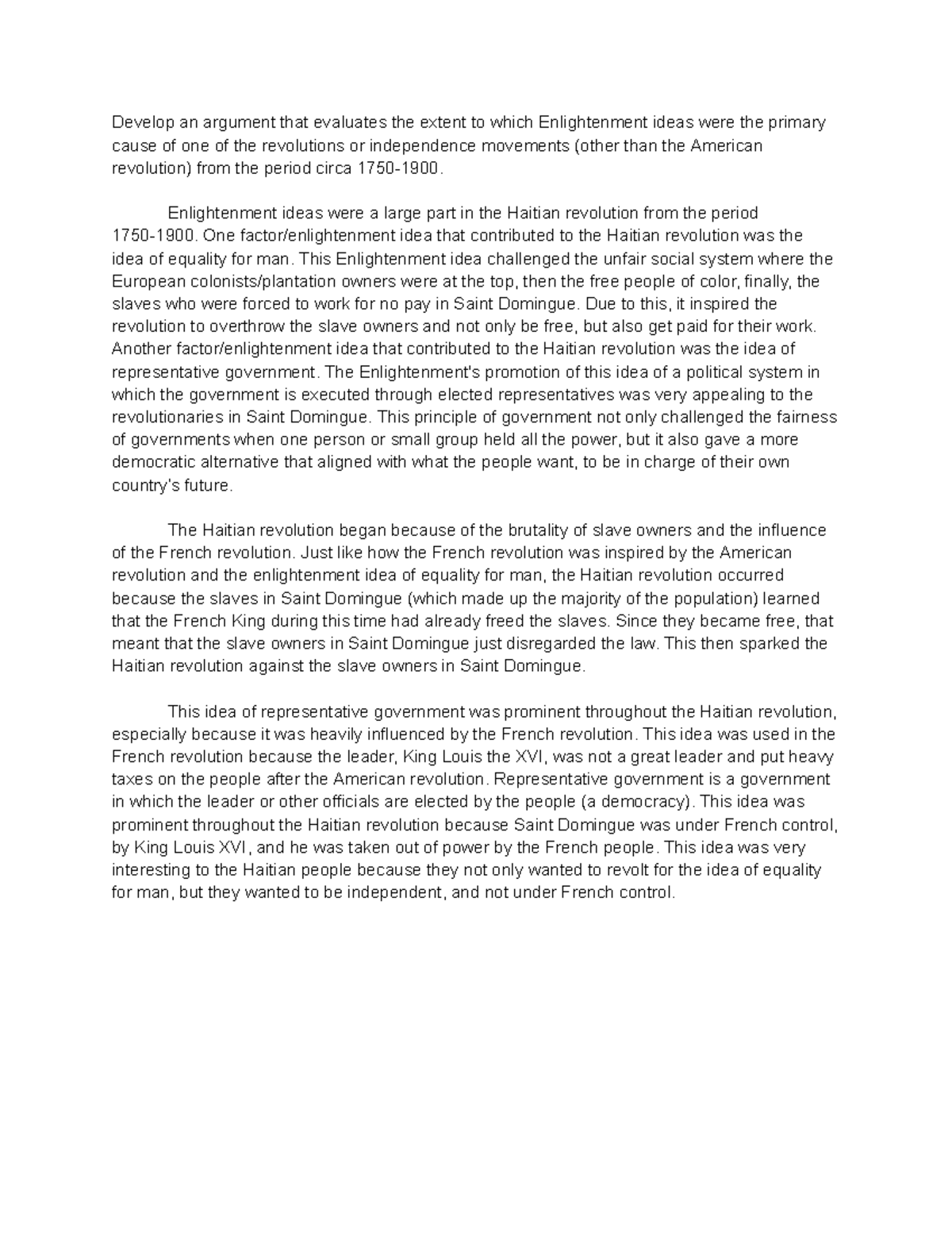 LEQ - AP World: Enlightenment Ideas & the Haitian Revolution - Studocu