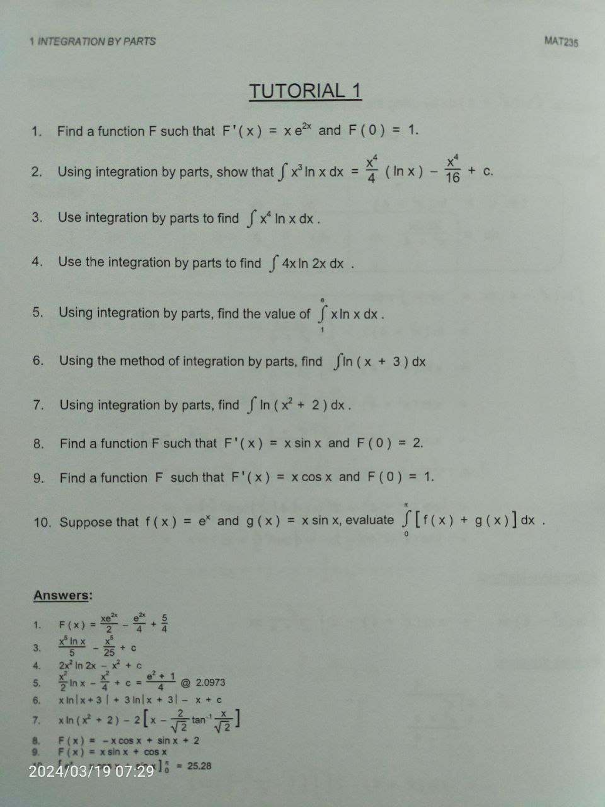 MAT235 Integration by Parts Tutorial Week 1 - Studocu