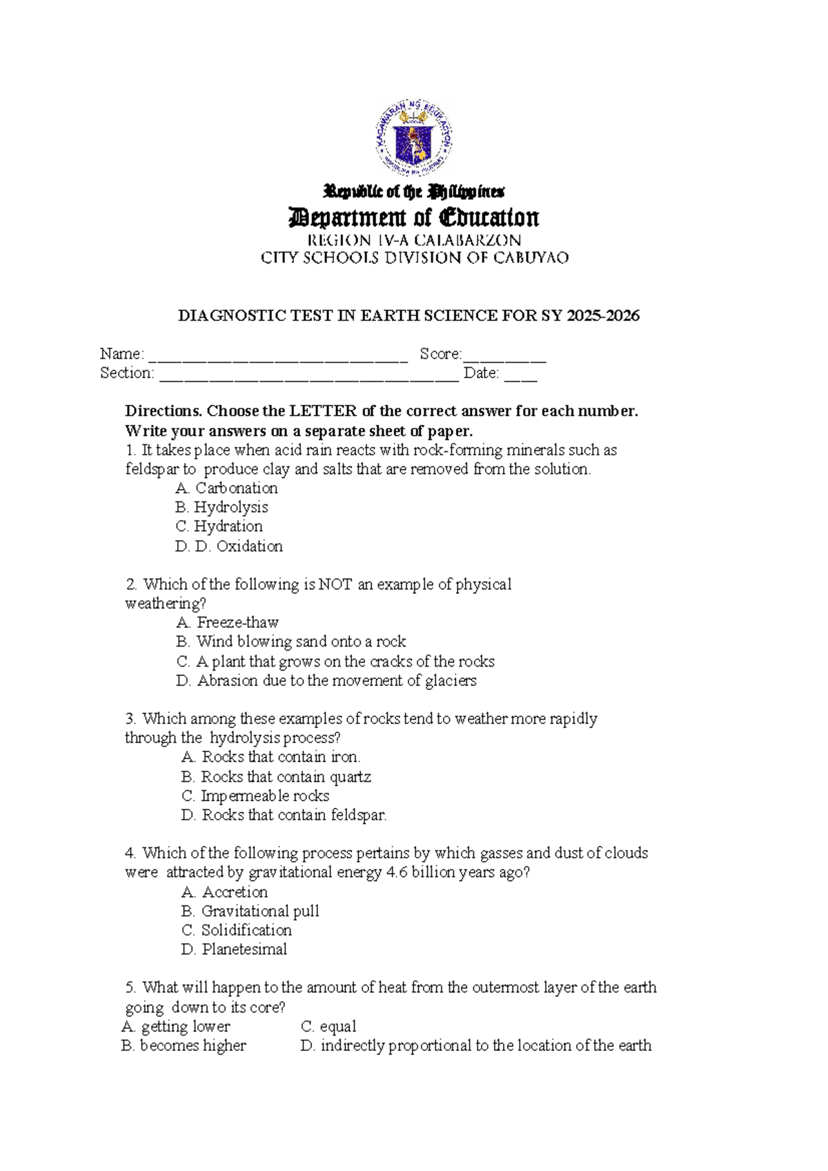 Diagnostic Test in Earth Science for SY: Key Concepts and Questions ...