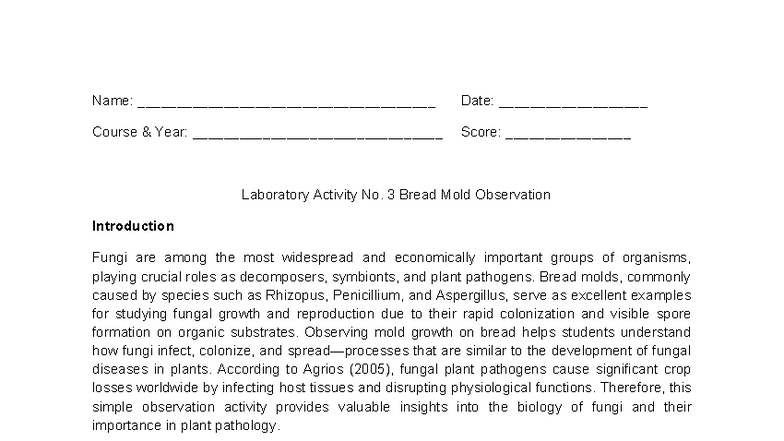 Laboratory Activity No. 3: Bread Mold Observation and Analysis - Studocu