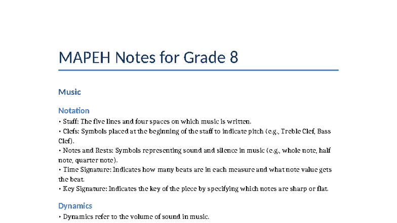 Grade 8 Mapeh Notes - MAPEH Notes for Grade 8 Music Notation • Staff ...