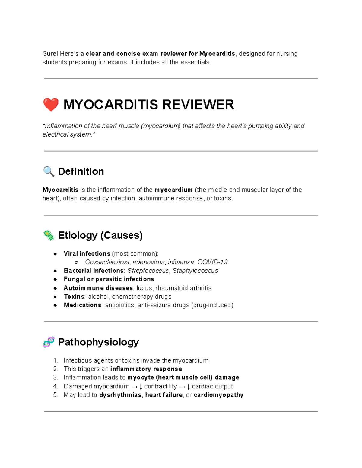 MYOCARDITIS REVIEWER for Nursing Students: Exam Prep Guide - Studocu