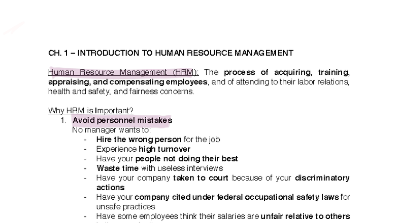 HRM 101: Summary of Key Concepts in Human Resource Management - Studocu