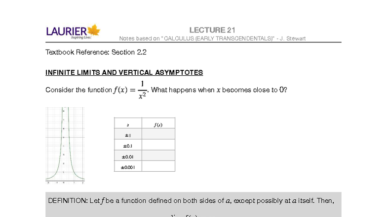 Lecture 21 Notes on Infinite Limits & Vertical Asymptotes - MA102 - Studocu