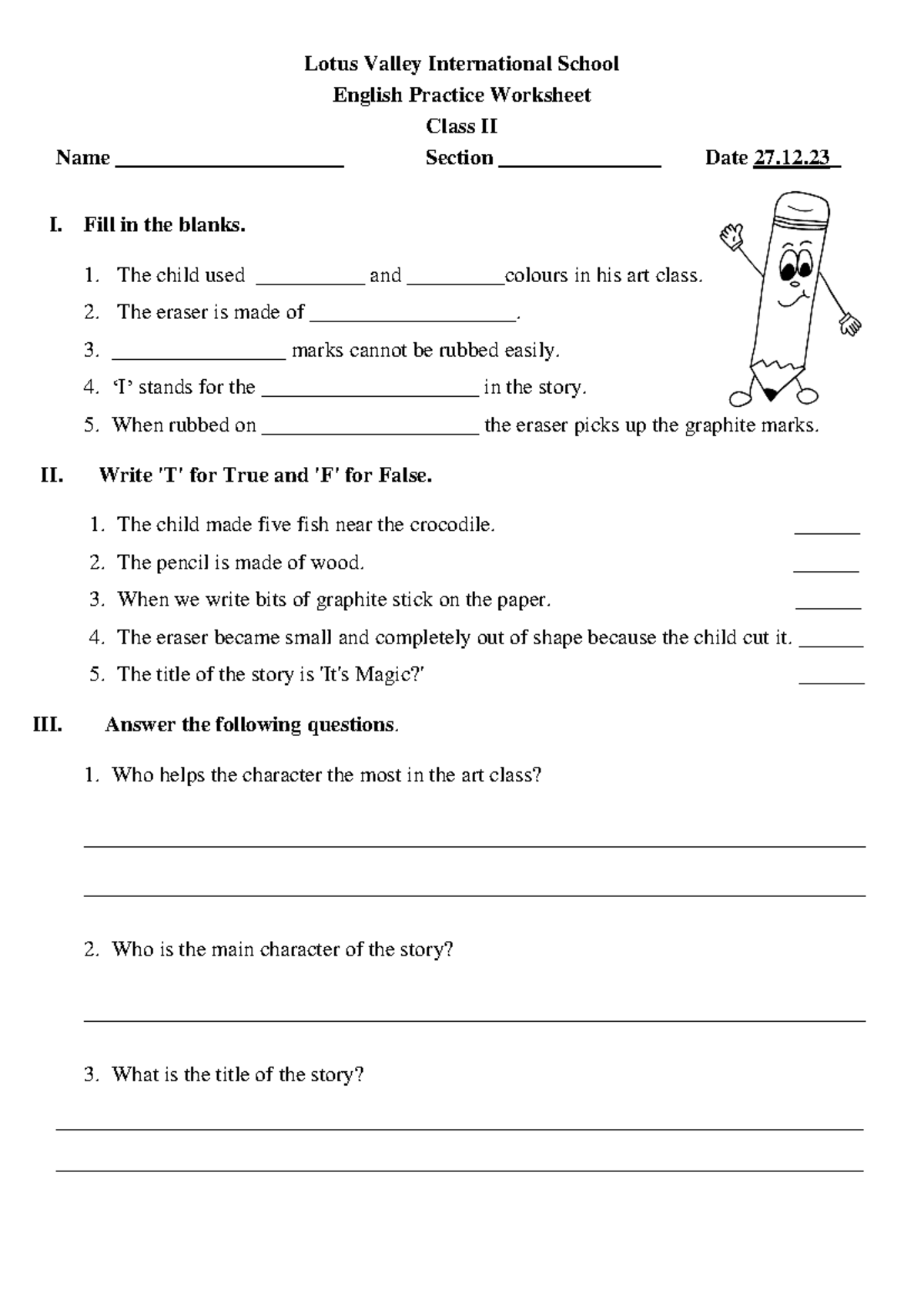 English Practice Worksheet for Class II - Fill in the Blanks & True ...