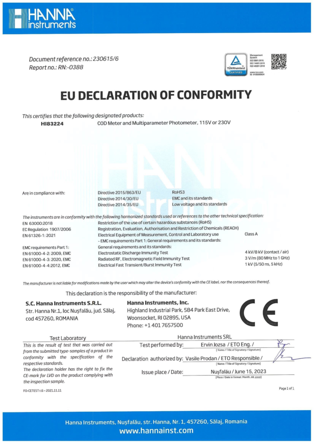 EU Declaration of Conformity for HI83224 COD Meter & Photometer - Studocu