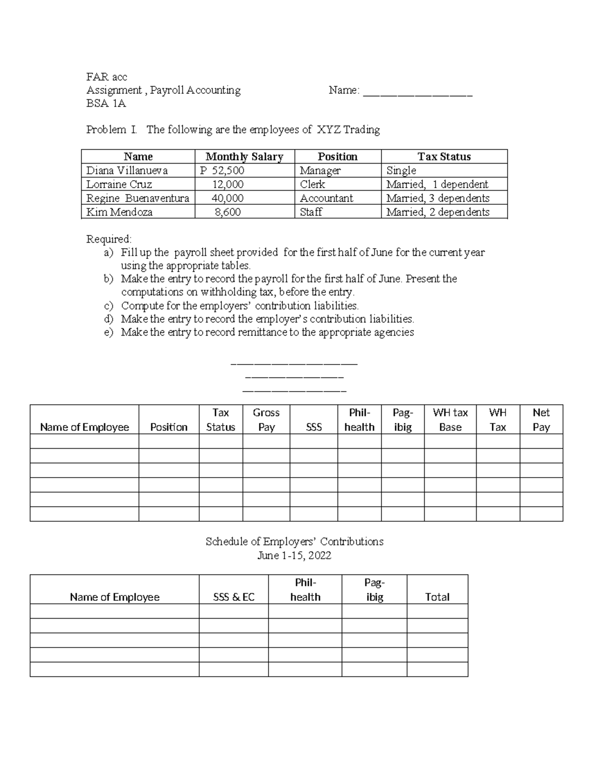 Payroll Accounting Assignment BSA 1A: June 2022 Computations - Studocu