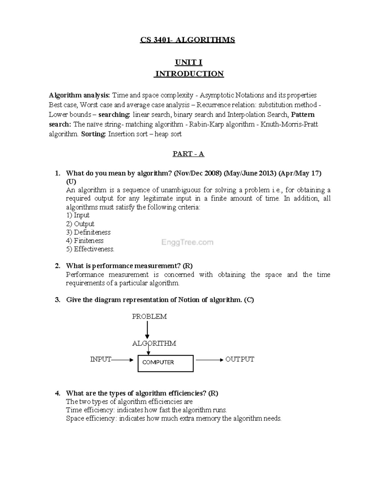CS3401 Algorithms Two Mark Questions 1 - COMPUTER CS 3401- ALGORITHMS UNIT I INTRODUCTION ...