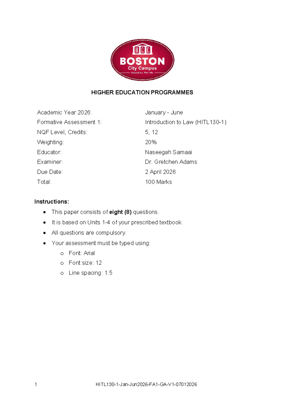 HITL130-1: Jan-Jun 2026 Formative Assessment 1 - Intro to Law - Studocu