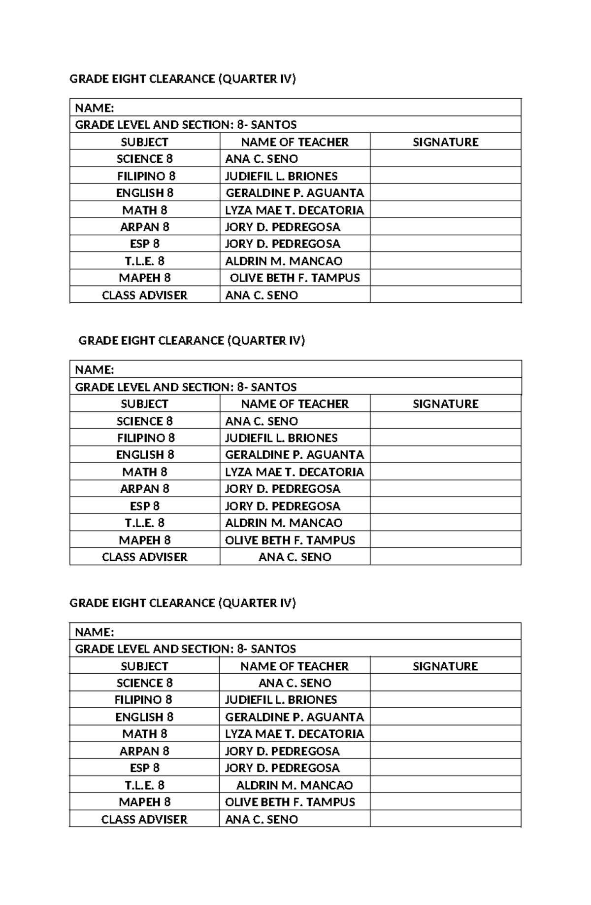 Grade Eight Clearance Final - GRADE EIGHT CLEARANCE (QUARTER IV) NAME ...