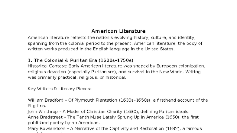 American Literature Overview & Mark Twain's Influence - Studocu