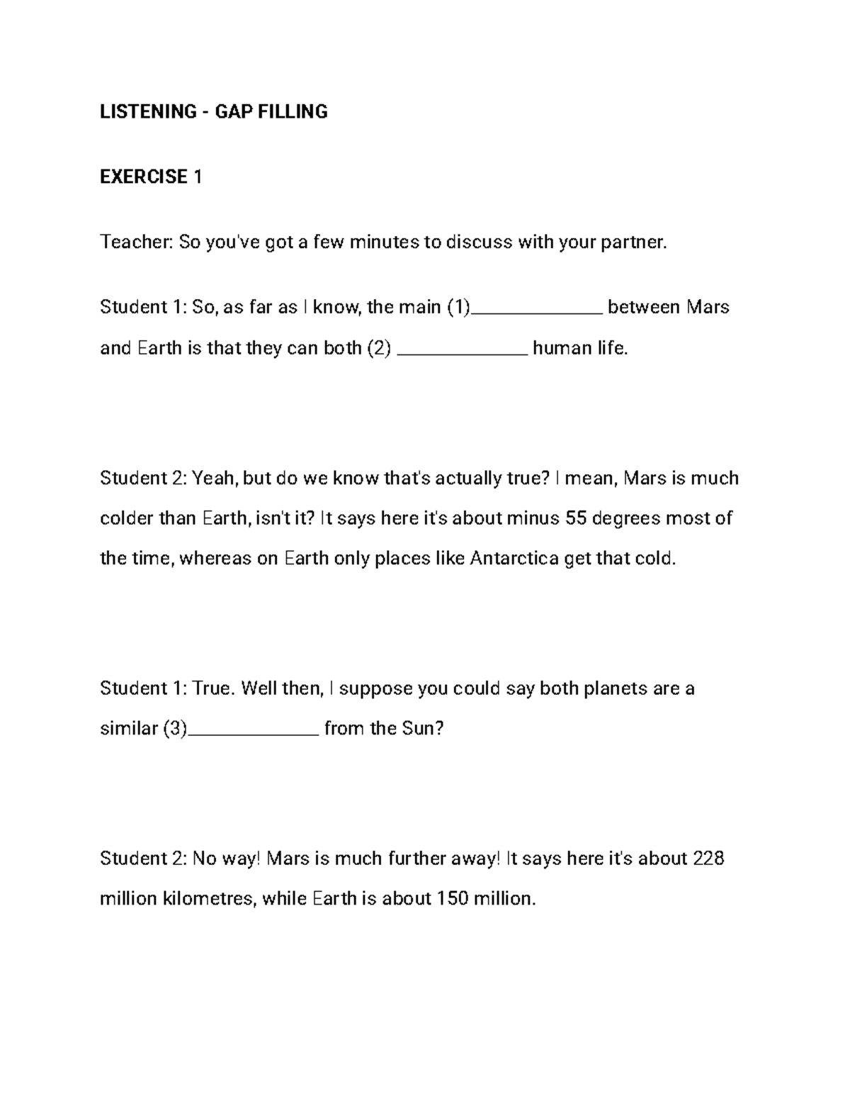 Listening Mid-term Test: Gap Filling Exercise 1 & 2 - Studocu