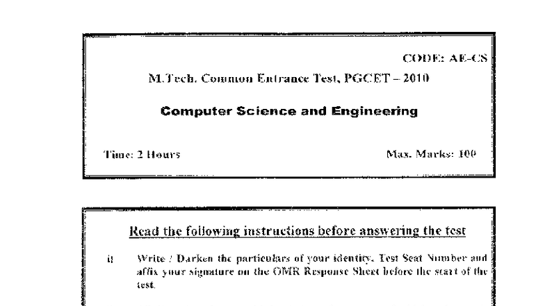 PGCET 2010 - Computer Science & Engineering Exam Instructions and ...