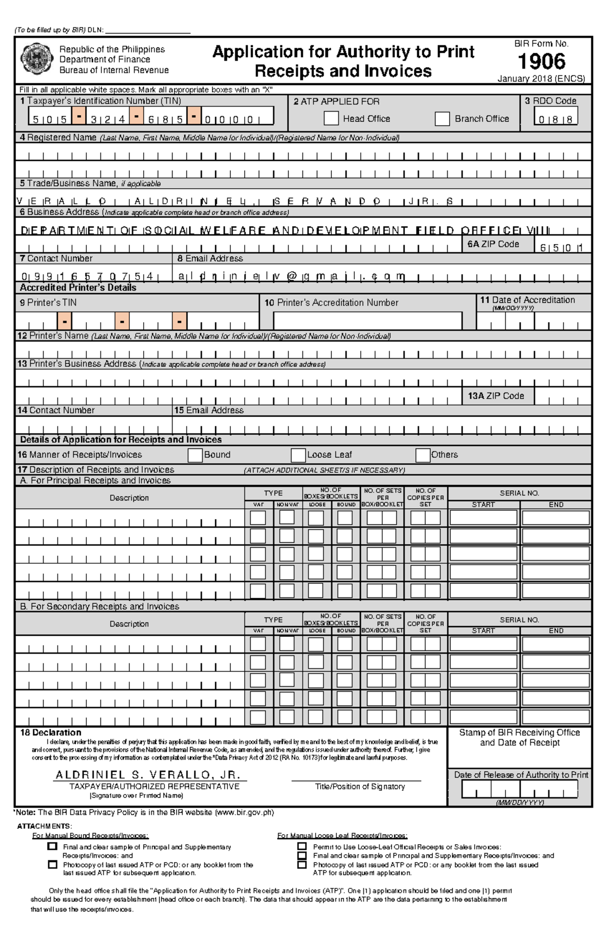 BIR Form No. 1906 application for authority to print receipts and ...