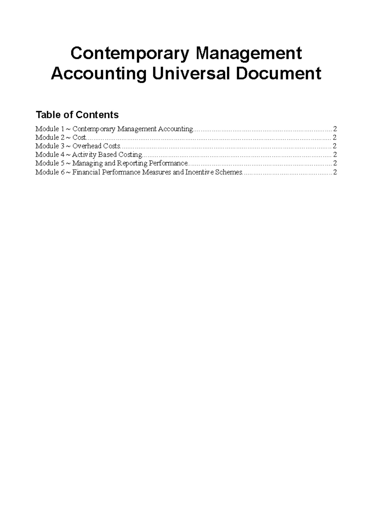 CMA Lecture Notes: Contemporary Management Accounting Modules - Studocu
