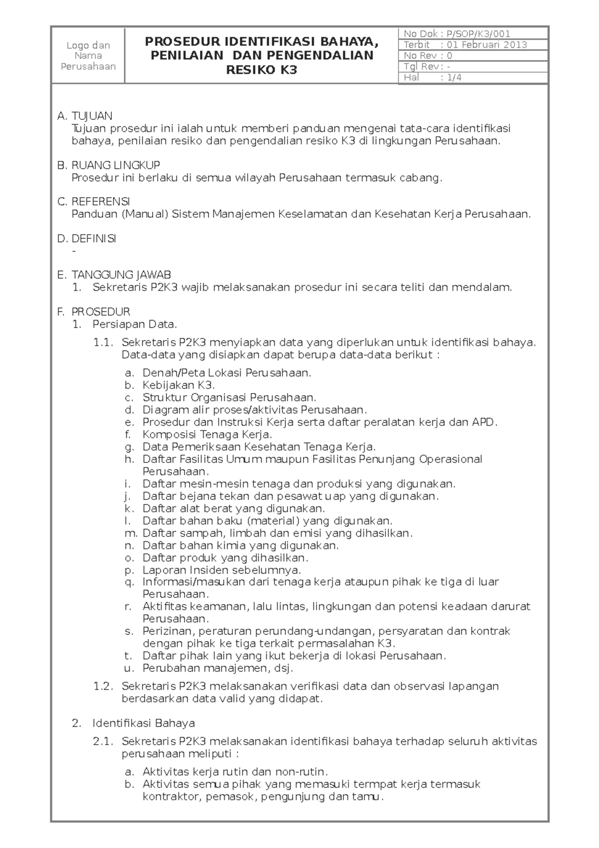 P-SOP-K3-001 Prosedur Identifikasi, Penilaian & Pengendalian Resiko K3 ...