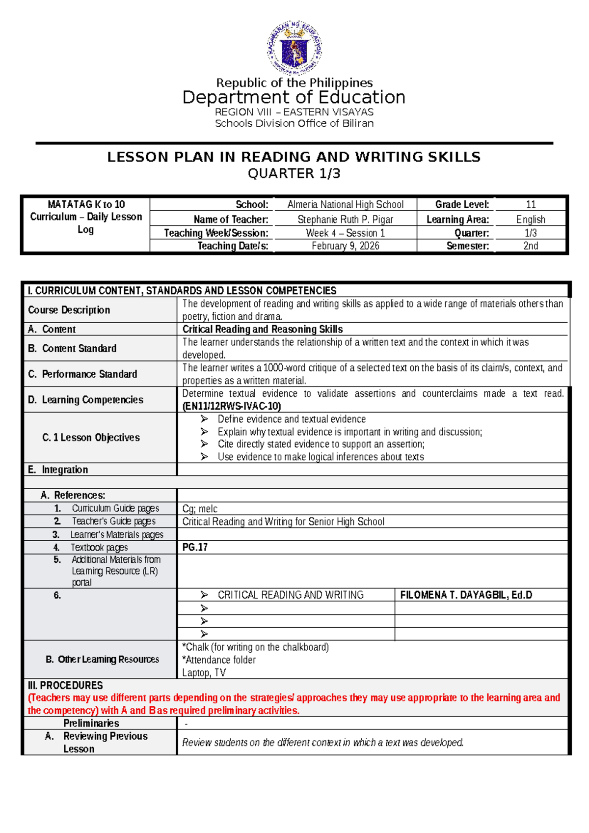 DLP: Lesson Plan on Reading & Writing Skills for Grade 11 - Studocu