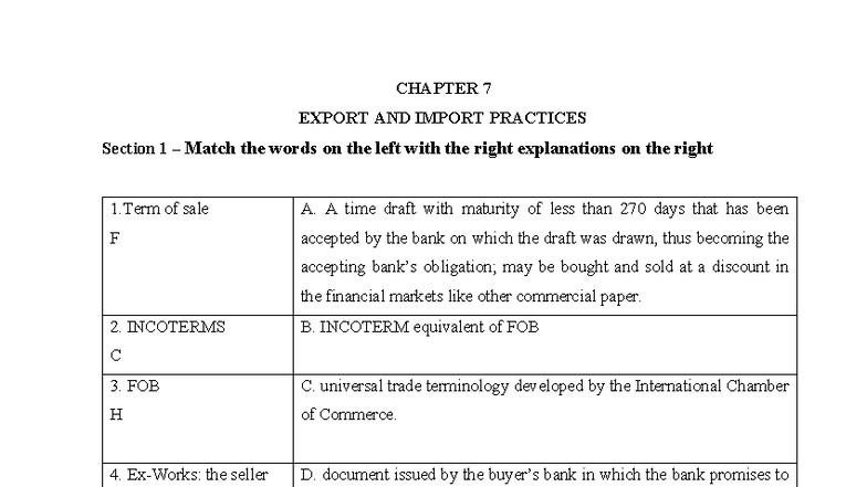 CHAPTER 7 EXPORT AND IMPORT PRACTICES: Key Terms and Concepts - Studocu