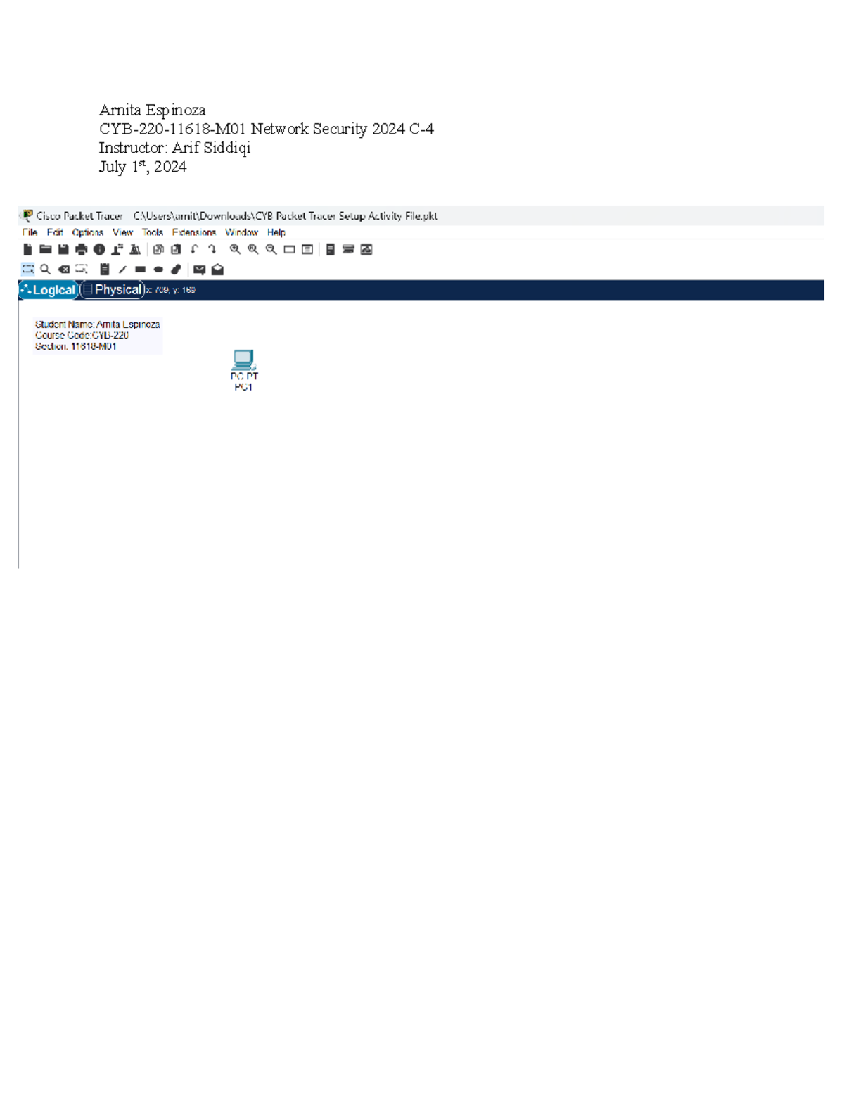 CYB 220 Module 1 1 2 Packet Tracer Setup Activity Arnita Espinoza - CYB ...