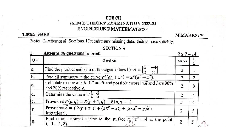 BTECH (SEM I) Engineering Mathematics Theory Exam Paper 2024 - Studocu