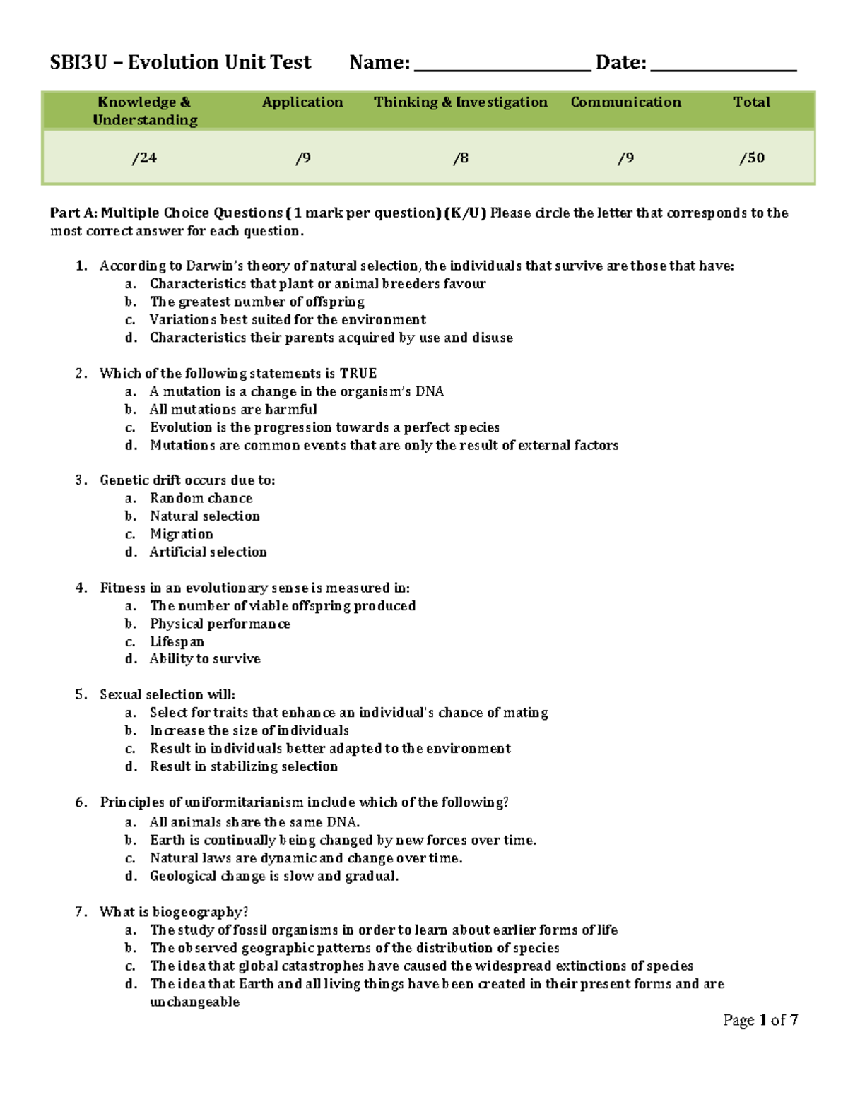 [SBI3U] Evolution Practice Test: Understanding Natural Selection ...