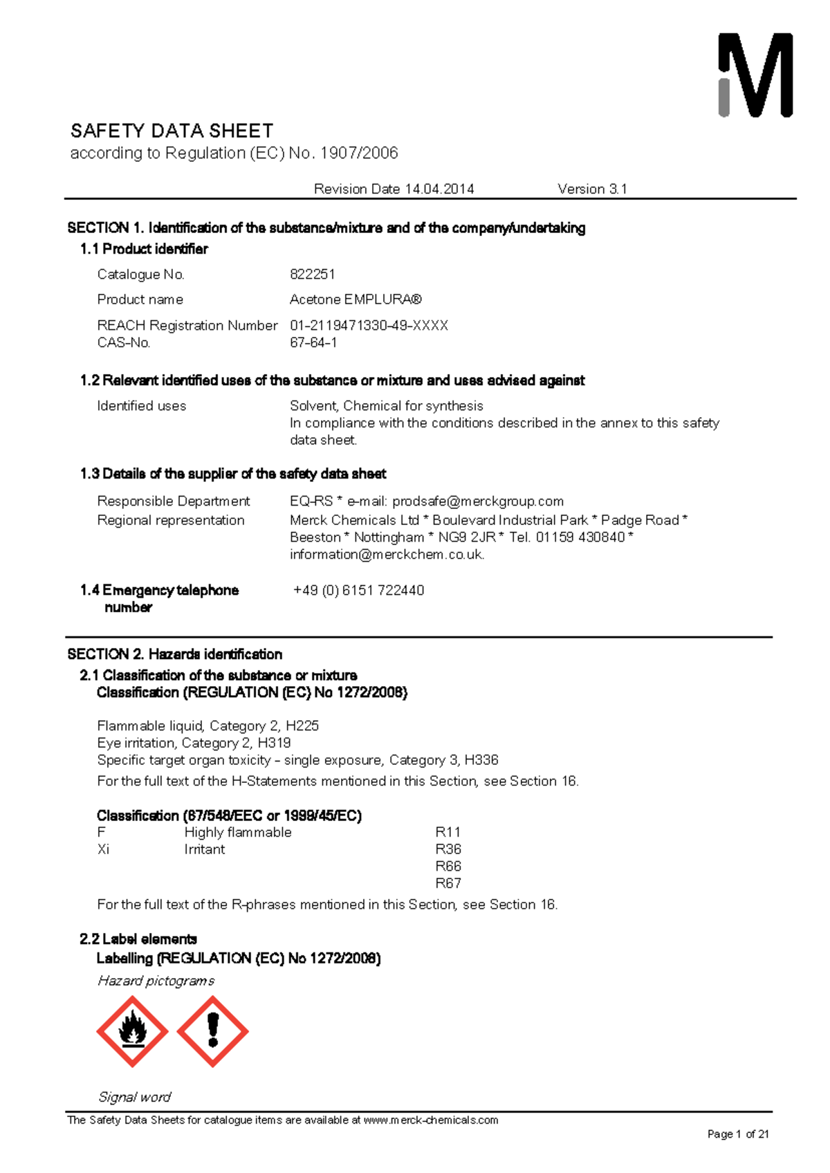 MSDS Acetone-1 - None - SAFETY DATA SHEET according to Regulation (EC ...