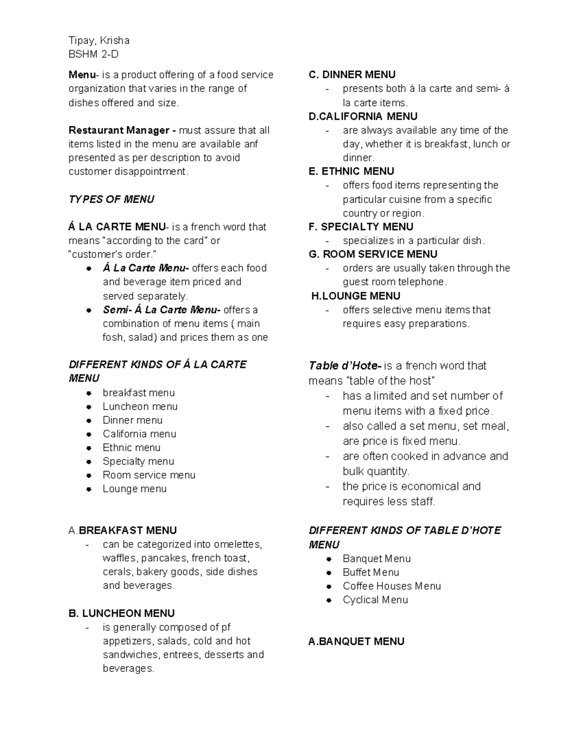 BSHM 2-D Fundamentals: Menu Types and Service Techniques Overview - Studocu