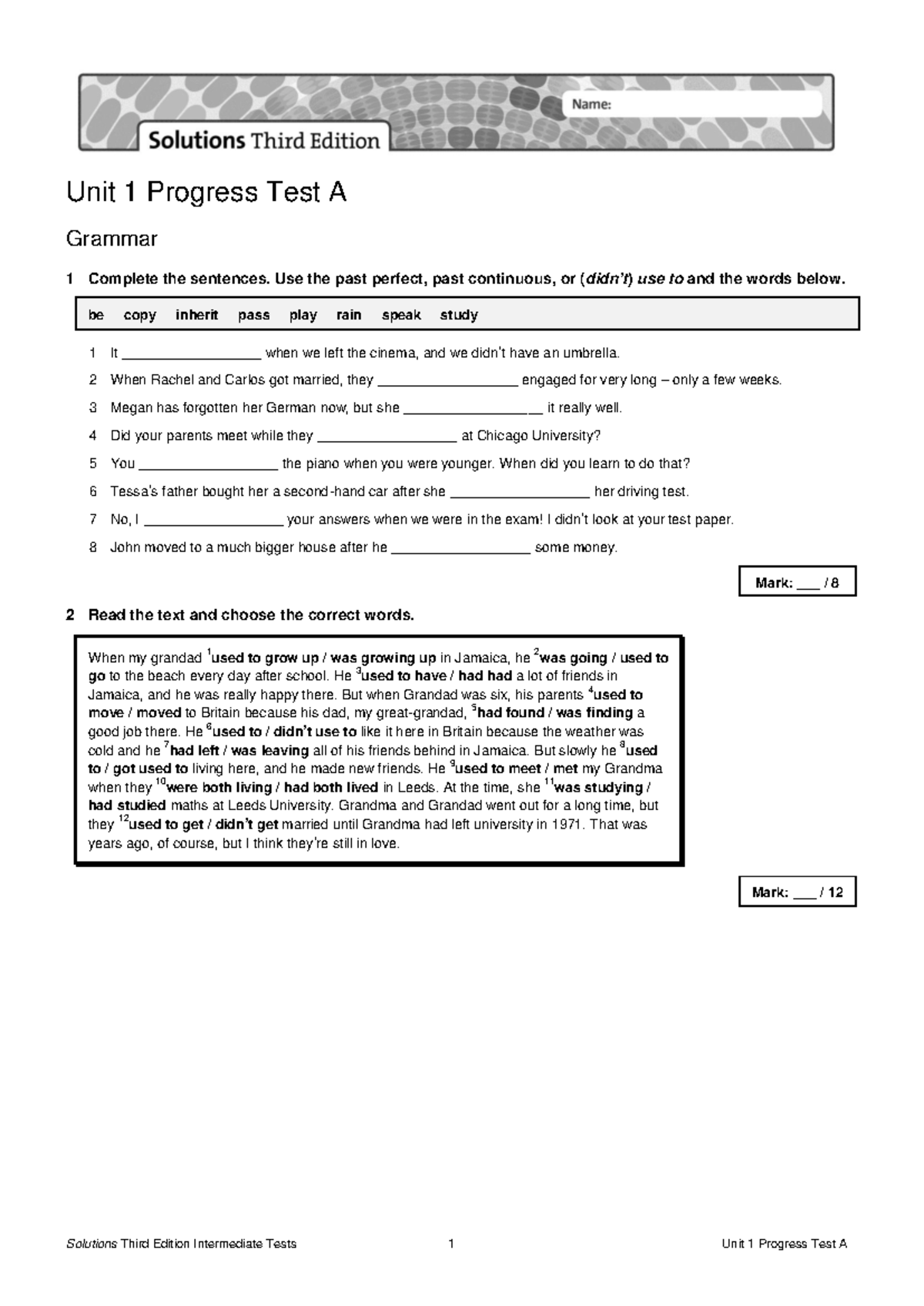 Solutions Third Edition Intermediate Unit 1 Progress Test A - Studocu