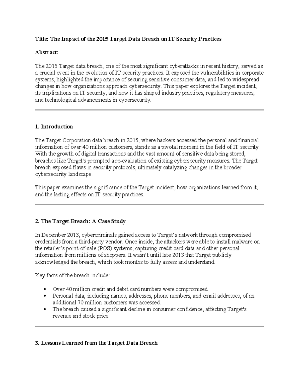 Target Paper - Title: The Impact of the 2015 Target Data Breach on IT ...