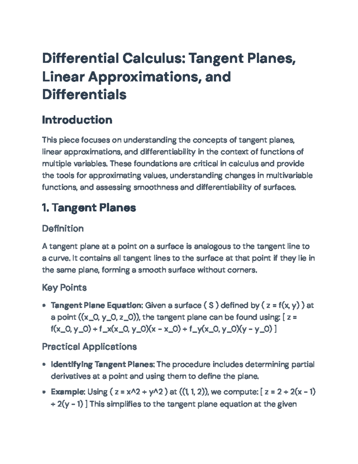 Differential Calculus: Tangent Planes, Linear Approximations, and More ...