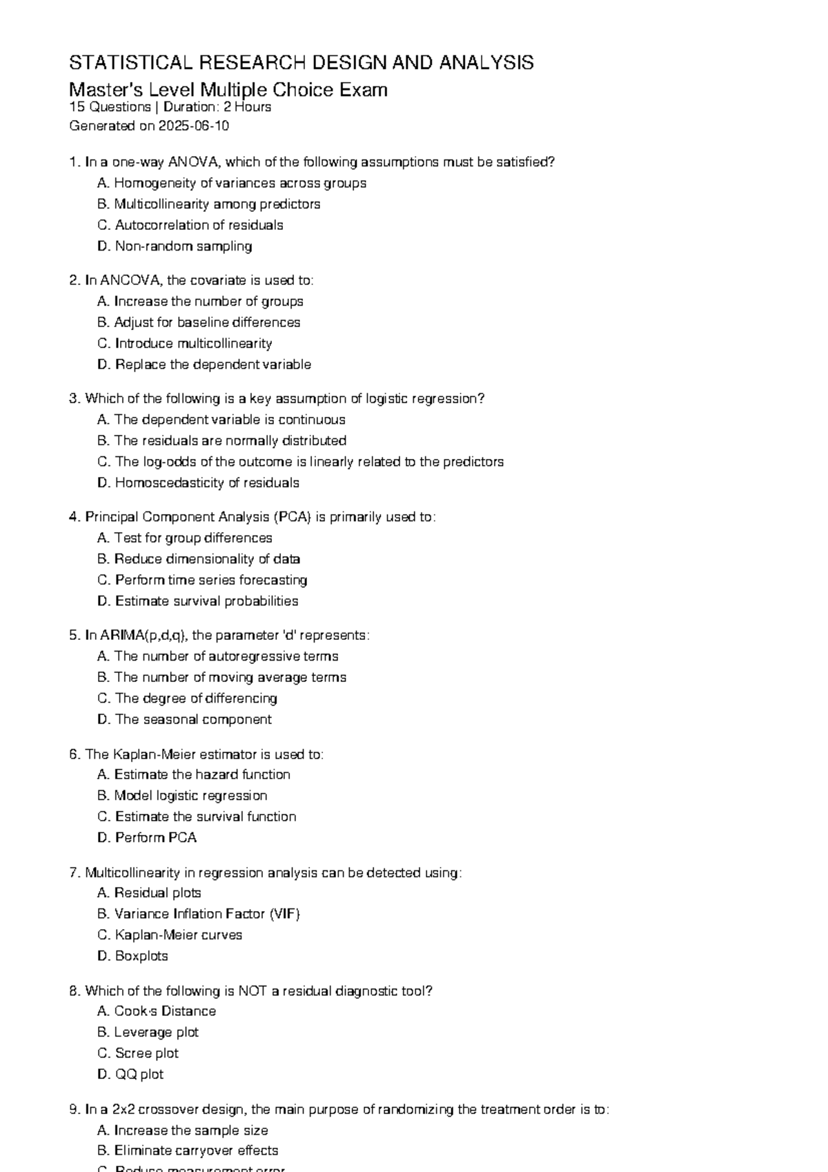 STAT 501: Statistical Research Design & Analysis MCQ Exam - Studocu