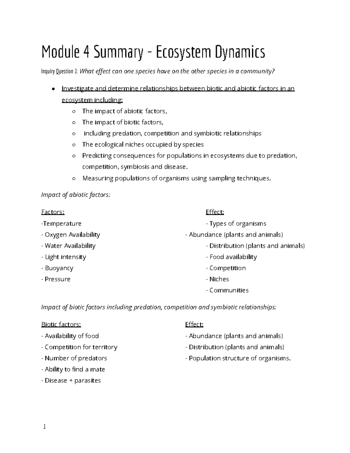 Summarised Notes on Module 4 - Ecosystem Dynamics and Interactions ...