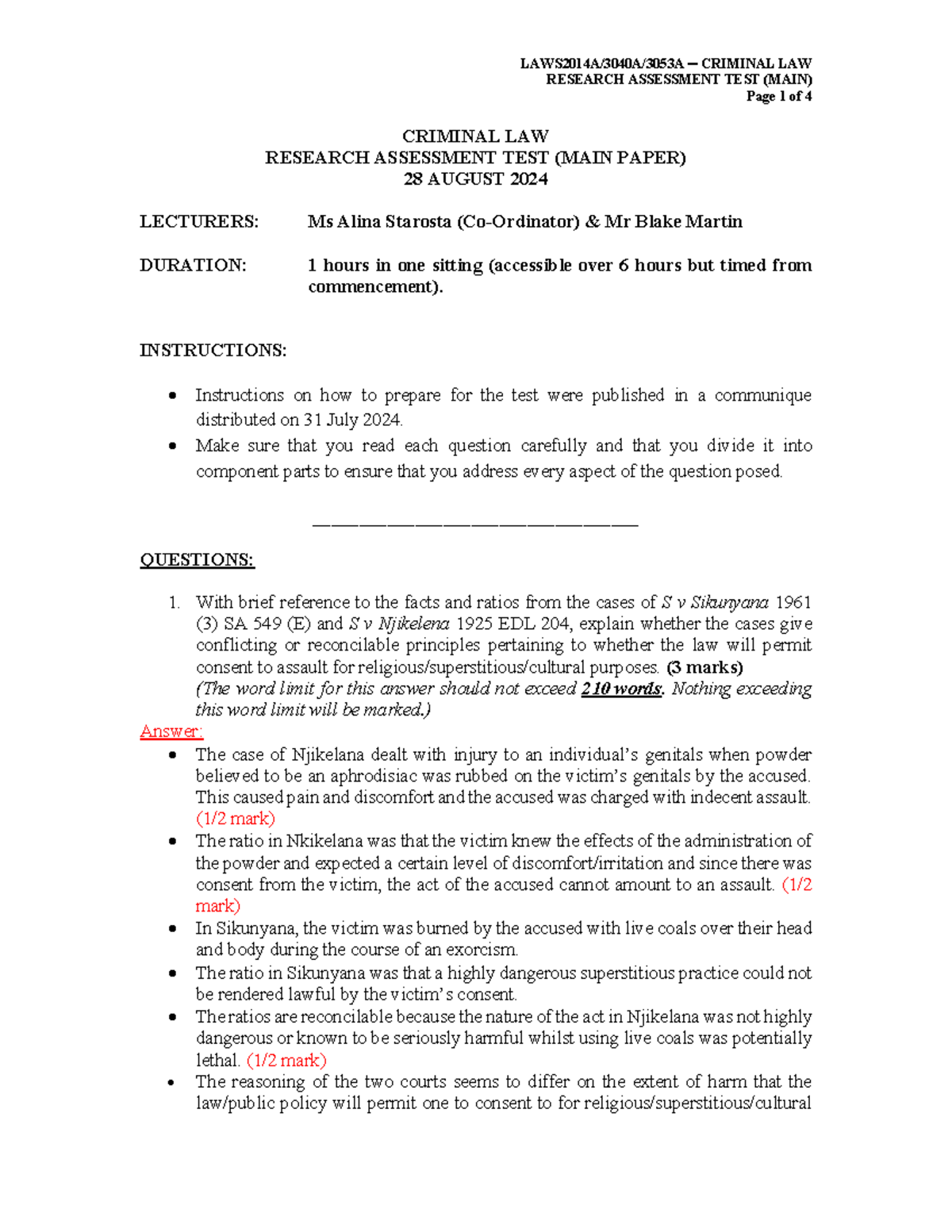 Criminal Law Research Assessment Test 2024 (Main) with Memo - Studocu