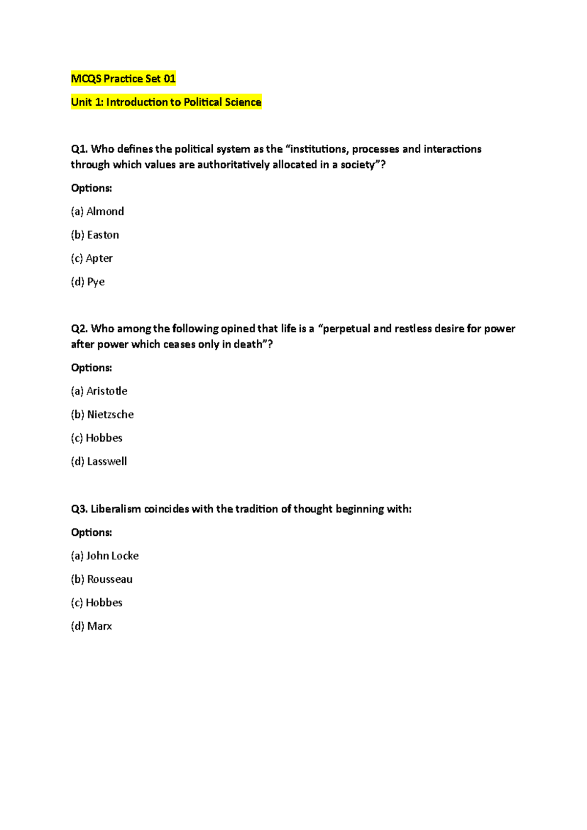 MCQS Practice Set 01: Political Science Questions and Answers - Studocu