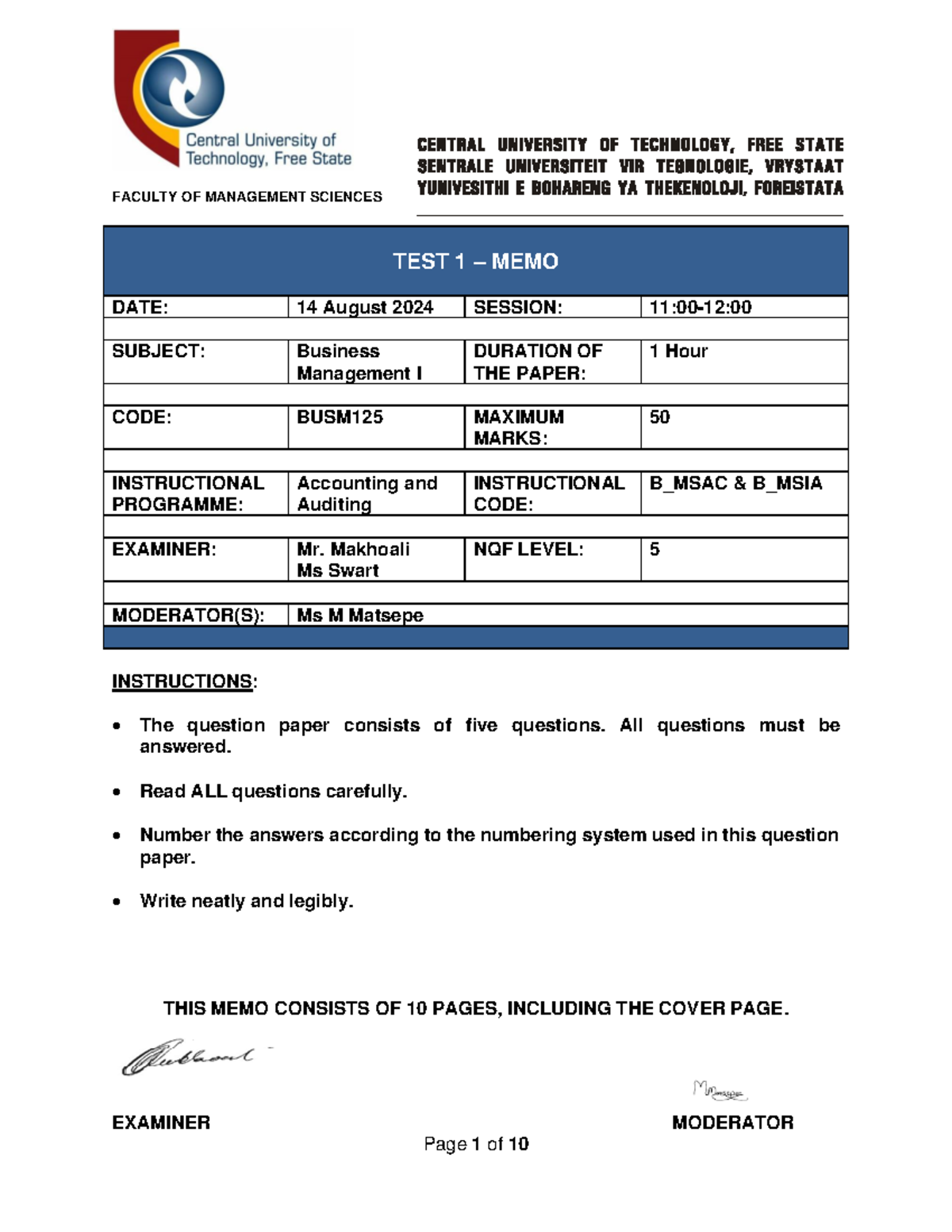 BUSM125 Test 1 Memo: Business Management I Examiner Insights - Studocu
